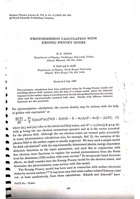 Pdf Photoemission Calculation With Kronig Penney Model