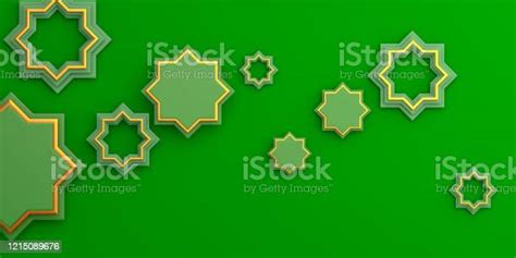 녹색 배경에 금 아랍어 기하학적 별 장식 디자인 이슬람 축 하 의 날 라마단 카림 또는 이드 알 Fitr Adha 복사 공간 텍스트 영역 3d 렌더링 그림의 디자인 3차원