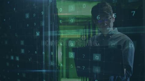 Animation Of Cyber Attack Warning Text Over Asian It Man With Laptop And Computer Servers Stock