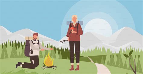 캠프 파이어 여행 모험 벡터 일러스트 레이 션 만화 남자 여자 관광 캐릭터 숲 근처 초원에서 캠프 불을 밝히고 행복한 친구 또는 커플 사람들과 모닥불 야외 관광 배경