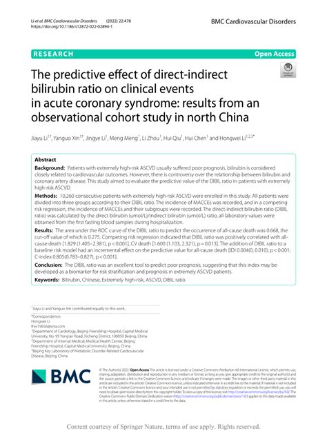 Pdf The Predictive Effect Of Direct Indirect Bilirubin Ratio On Clinical Events In Acute