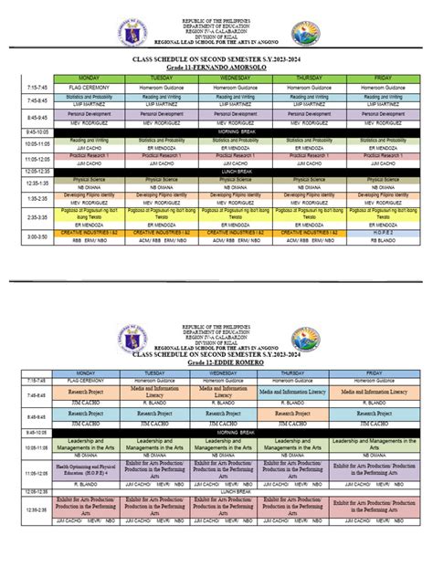 Shs Class Schedule Second Semester Pdf