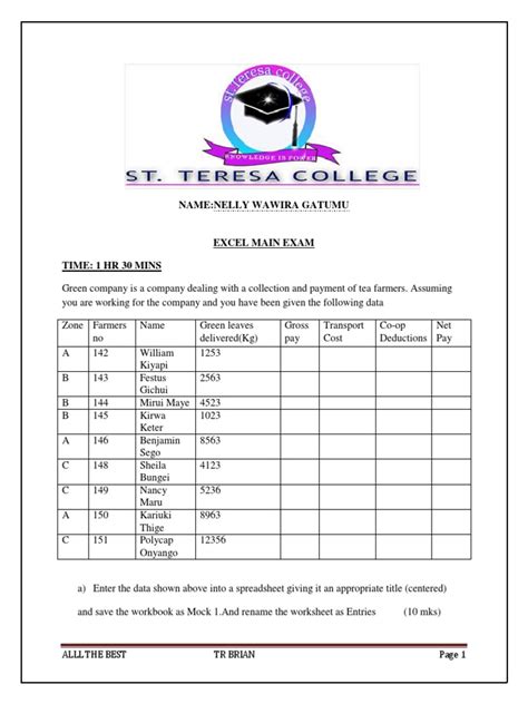 Excel Main Exam Pdf Worksheet