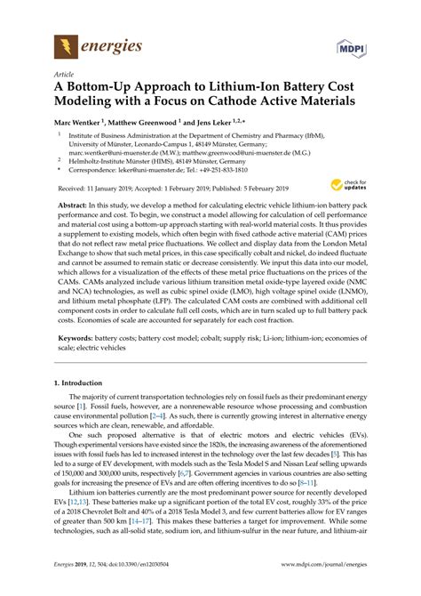 PDF A Bottom Up Approach To Lithium Ion Battery Cost Modeling With A Focus On Cathode Active