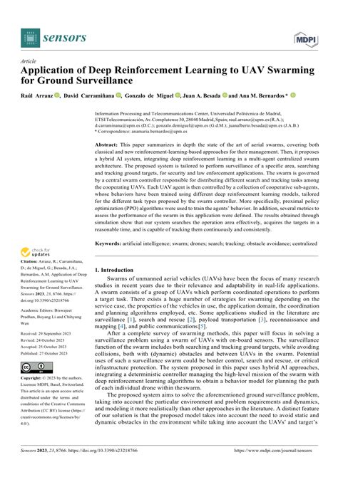 Pdf Application Of Deep Reinforcement Learning To Uav Swarming For Ground Surveillance