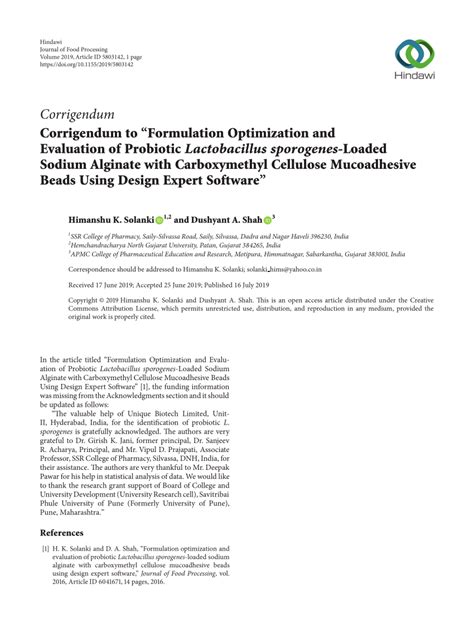 Pdf Corrigendum To “formulation Optimization And Evaluation Of Probiotic Lactobacillus
