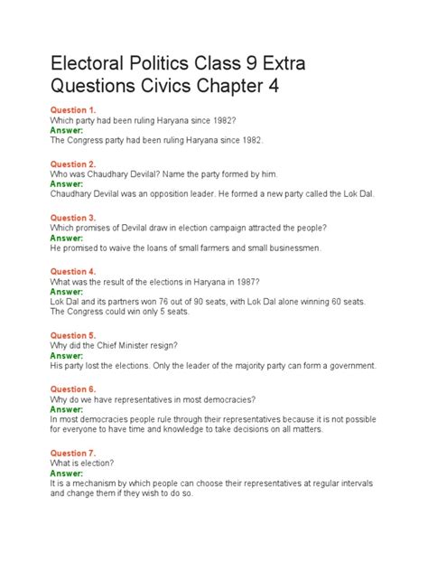 Electoral Politics Class 9 Extra Questions Civics Chapter 4 Pdf