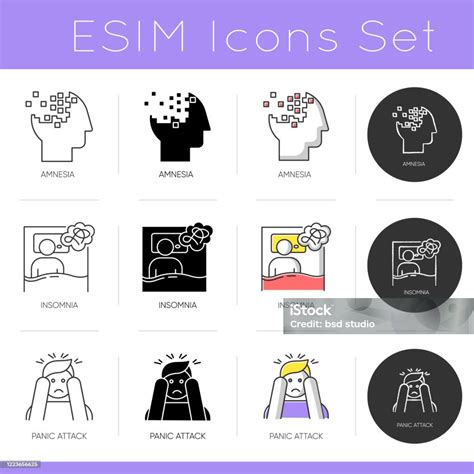 정신 장애 아이콘 설정 기억 상 실증 및 기억 상실 불면증과 수 면 부족 공황 발작 심리학 및 정신과 플랫 디자인 선형 블랙 및