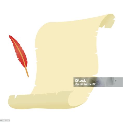 양피지 또는 오래 된 종이 스크롤의 빈티지 벡터 그림 스타일 고 대 마법 스크롤 복사 공간입니다 흰색 바탕에 고립 된 개체입니다 깃털펜에 대한 스톡 벡터 아트 및 기타