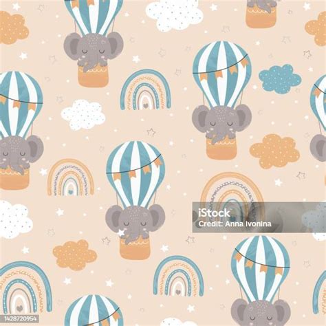 어린이 일러스트레이션 풍선에 작은 코끼리가있는 매끄러운 패턴 어린이 방을위한 포스터 엽서 배너 벡터 열기구에 대한 스톡 벡터