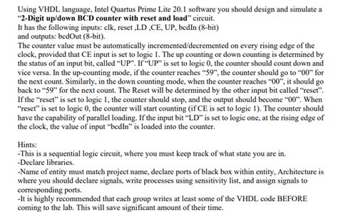 Solved Using Vhdl Language Intel Quartus Prime Lite 201