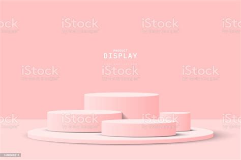 사실적인 분홍색 흰색 실린더 받침대 연단이 있는 추상적인 분홍색 3d 방입니다 제품 디스플레이 프레젠테이션을 위한 최소한의 장면