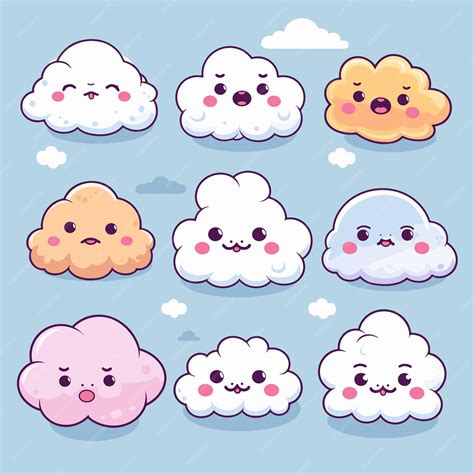 Premium Vector Set Of Cloud Shaped Emoji With Different Mood Kawaii