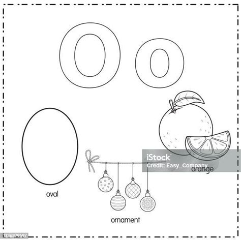 3 개의 만화 이미지를 가진 어린이를위한 소문자와 대문자 모두에서 문자 O를 학습하기위한 벡터 일러스트레이션 타원형 장식 오렌지 0명에 대한 스톡 벡터 아트 및 기타 이미지