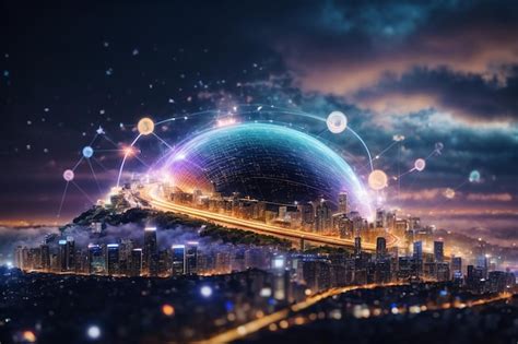 5g 출시 고속 인터넷 클라우드 컴퓨팅 스마트 시티의 연결된 풍경을 탐구합니다 프리미엄 사진