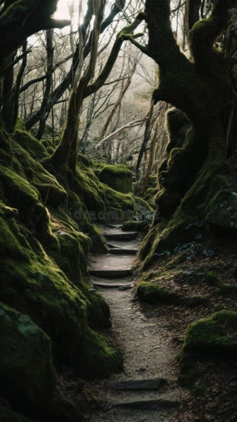 A Path In The Woods With Moss Growing On It Ai Generative Image Stock