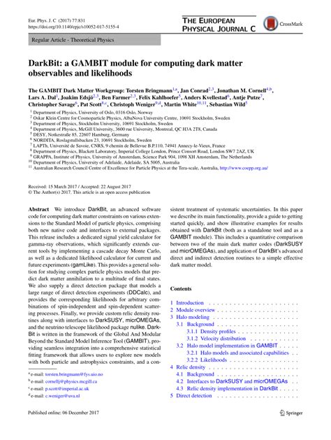 Pdf Darkbit A Gambit Module For Computing Dark Matter Observables And Likelihoods