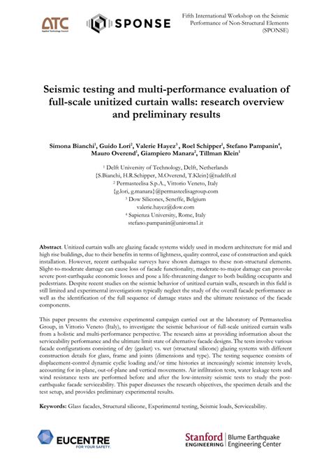 Pdf Seismic Testing And Multi Performance Evaluation Of Full Scale Unitized Curtain Walls