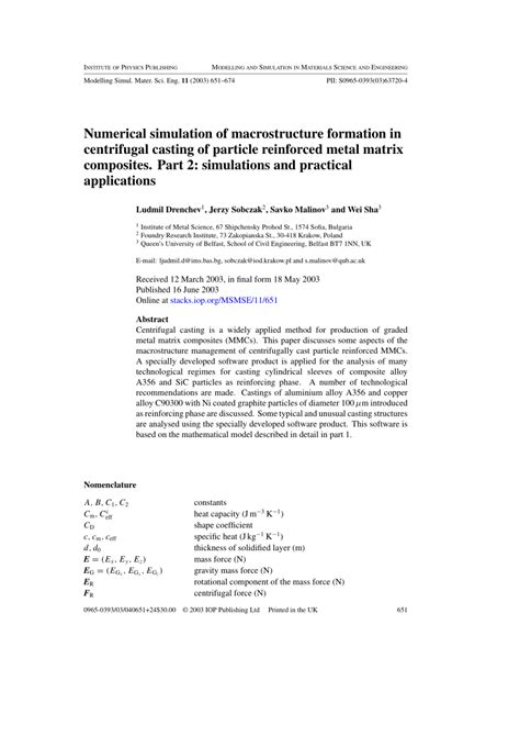 Pdf Numerical Simulation Of Macrostructure Formation In Centrifugal Casting Of Particle