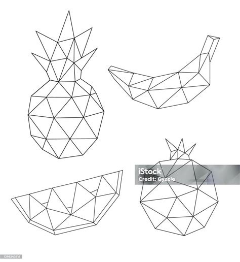 낮은 폴리 과일 세트는 흰색에 고립되어 있습니다 장식 기하학적 삼각형 파인애플 바나나 수박과 석류의 조각 문신 디자인 아이콘