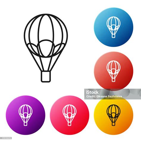 흰색 배경에 격리 된 검은 선 열기구 아이콘입니다 여행을위한 항공 운송 아이콘 다채로운 원 버튼을 설정합니다 벡터 일러스트레이션 0명에 대한 스톡 벡터 아트 및 기타 이미지