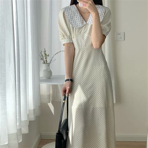 히로 세일러 빅카라 도트 하객원피스 여름 반팔 퍼프 피로연 아나운서 휴양지 비치원피스 르뚜앙