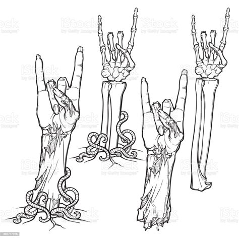 좀비 신체 언어입니다 뿔의 부호입니다 생생한 묘사는 썩 어 뼈 튀어나온 비정형된 피부와 플래시 그리고 손톱에 금이 흰색 배경에 고립 된 선형 도면입니다 인간의 골격에 대한