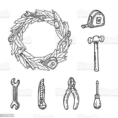 전문 노동 빌더 및 근로자의 날 세트 드라이버 사무실 나이프 스패너 망치 테이프 측정 및 펜치가있는 건설 도구 세트가있는 손으로 그린 흑백 흑백 화환 개발에 대한 스톡 벡터