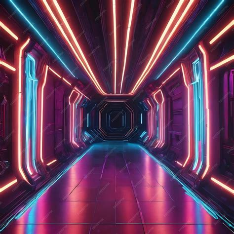 미래적인 네온 사이버 ⁇ 크 스타일의 빈 무대 우주선 복도 터널과 함께 미래적인 인테리어 3d 프리미엄 사진