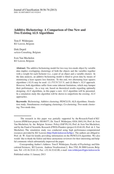 Pdf Additive Biclustering A Comparison Of One New And Two Existing Als Algorithms