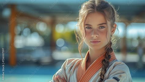14 Year Old Amazing Girl In A Karate Gi In A Fighting Stance Dojo In