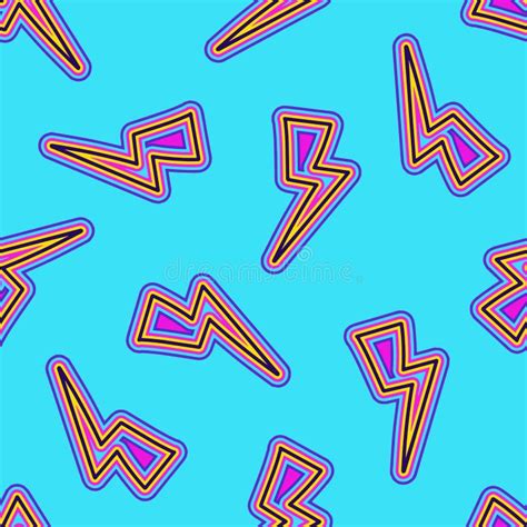 Colorful Groovy Hippie Pattern With Geometric Lightning Shapes On Blue Background Stock