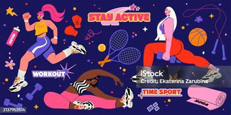 복고풍 만화 추상 캐릭터와 피트니스 훈련 개념의 요소 운동복에 활동적인 운동 여성과 함께 그루비 스타일의 벡터 평면 그림 80년대의 향수 건강한 라이프스타일 1970