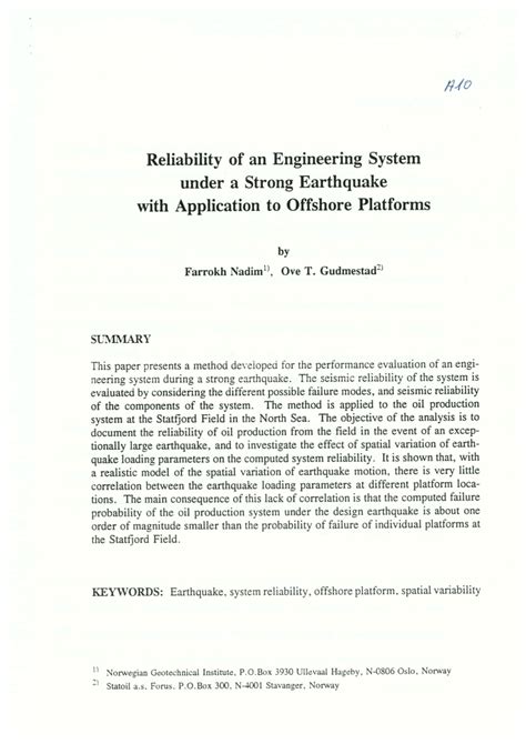 Pdf Reliability Of An Engineering System Under A Strong Earthquake With Application To