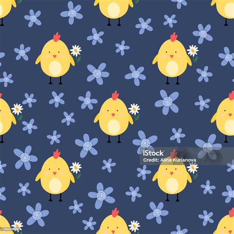 부활절 병아리 카모마일과 꽃 귀여운 이음새가 없는 패턴 행복한 부활절 개념 직물 선물 종이 어린이 의류 섬유 카드 디자인을위한 벡터 일러스트 레이 션 공휴일에 대한 스톡