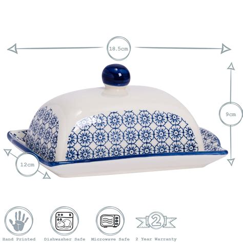 Patterned Kitchen Butter Dish With Lid Porcelain Crockery Blue Flower