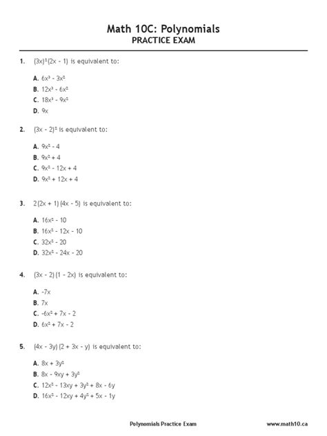 Math10c Practiceexam Polynomials Pdf Factorization Area