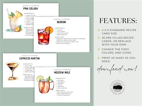 Cocktail Recipe Card Template Editable Drink Recipe Card Printable