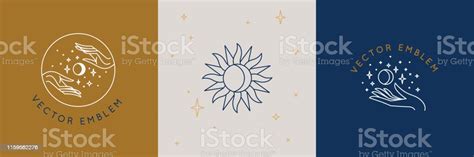 트렌디 한 선형 최소한의 스타일의 벡터 추상 로고 디자인 템플릿 손 달 별 화장품 및 포장 보석 수제 또는 미용 제품에 대한 추상적 인 기호 태양 하늘에 대한 스톡 벡터