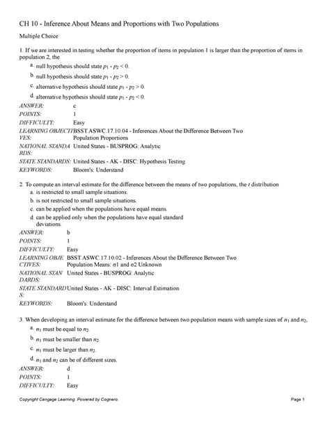 Ch 10 Inference About Means And Proportions With Two Populations Multiple Choice If We Are