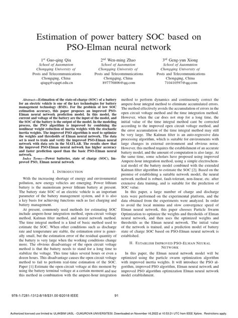 Estimation Of Power Battery Soc Based On Pso Elman Neural Network Pdf
