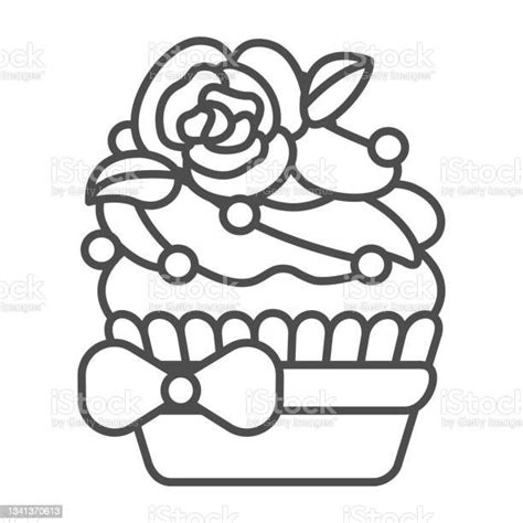 장미 설탕 구슬 뿌리와 활 얇은 라인 아이콘 패스트리 개념 흰색 배경에 머핀 벡터 기호 모바일 개념 및 웹 디자인을위한 윤곽 스타일 아이콘과 컵 케이크 벡터 그래픽 0명에