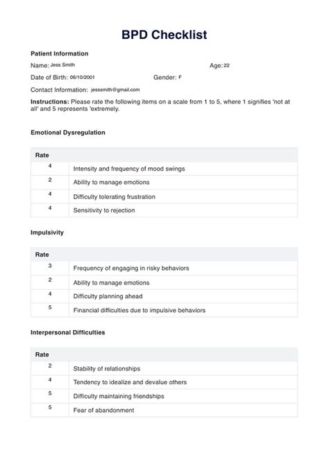 Borderline Personality Disorder Bpd Checklist Template And Example Free Pdf Download