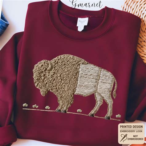 Bison Printed Sweatshirt Boho Bison Printed Embroidery Look Vintage