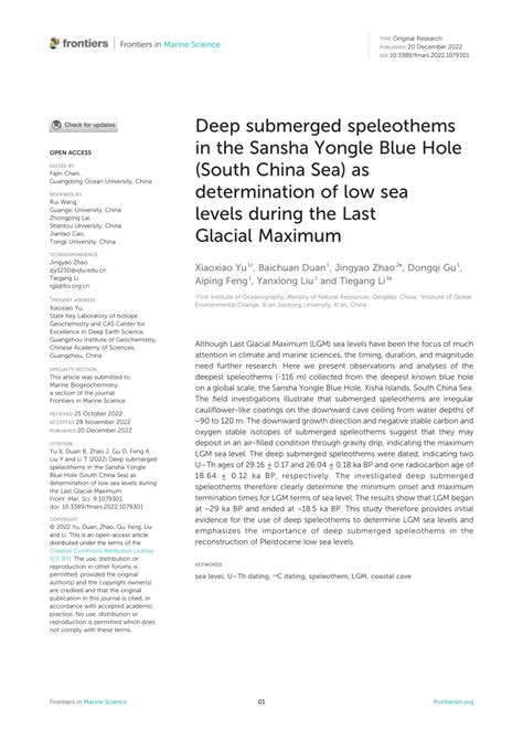 Pdf Deep Submerged Speleothems In The Sansha Yongle Blue Hole South China Sea As
