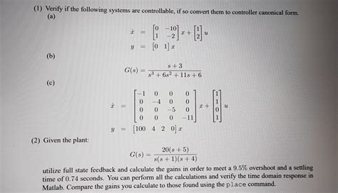 Solved 1 Verify If The Following Systems Are Controllable