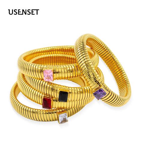 방수 스테인레스 스틸 큐빅 지르코니아 탄성 팔찌 여성 영감을 팔찌 골드 컬러 손 액세서리 보석 Ys156 Aliexpress