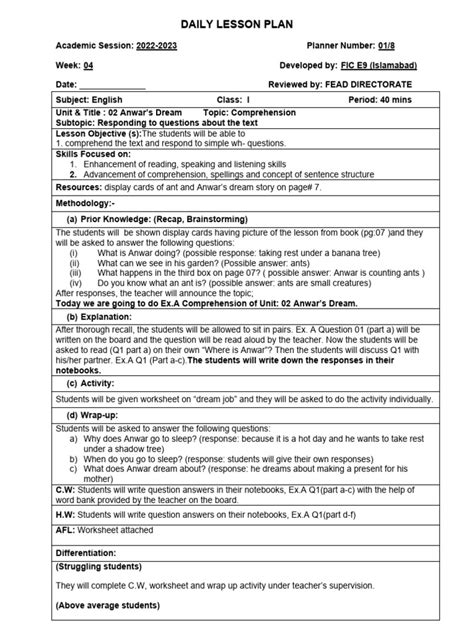 Grade 1 English Lesson Plan Pdf Reading Comprehension Human Communication