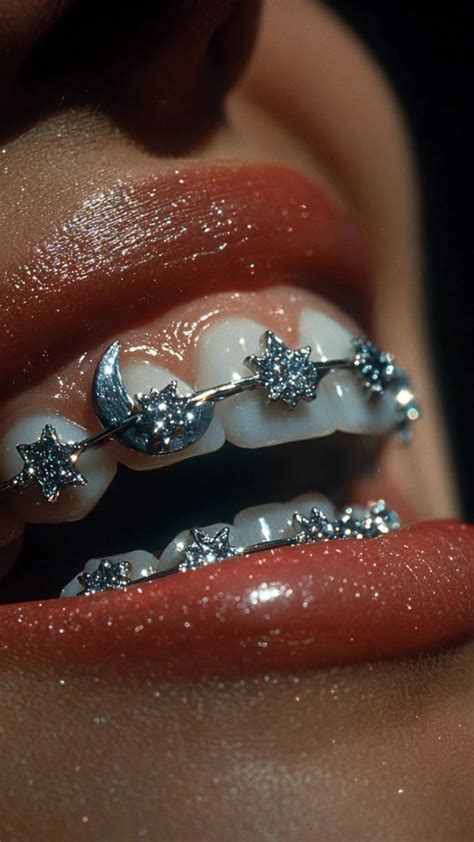 Girls Mouth Smiling Revealing Diamond Grillz With Stars Moons Planets