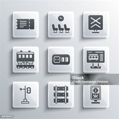 철도 철도 트랙 안내소 티켓 구매 매표소 전기 콘센트 기차 신호등 여객 열차 차량 및 철도 건널목 아이콘을 설정합니다 벡터 공란에 대한 스톡 벡터 아트 및 기타 이미지
